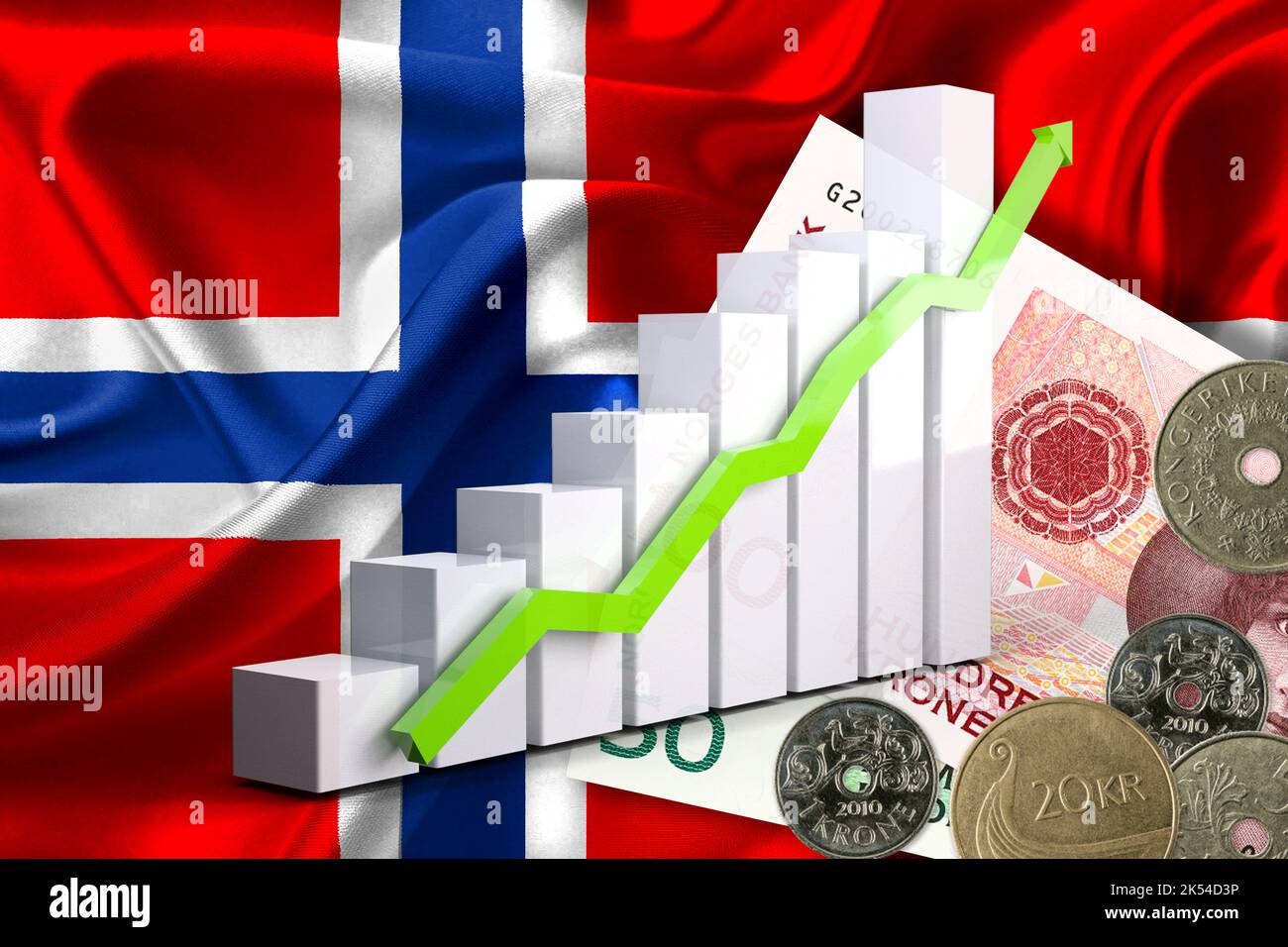 Economy Graph: Upward Arrow, Norway Flag, and Cash Norwegian Krone ...