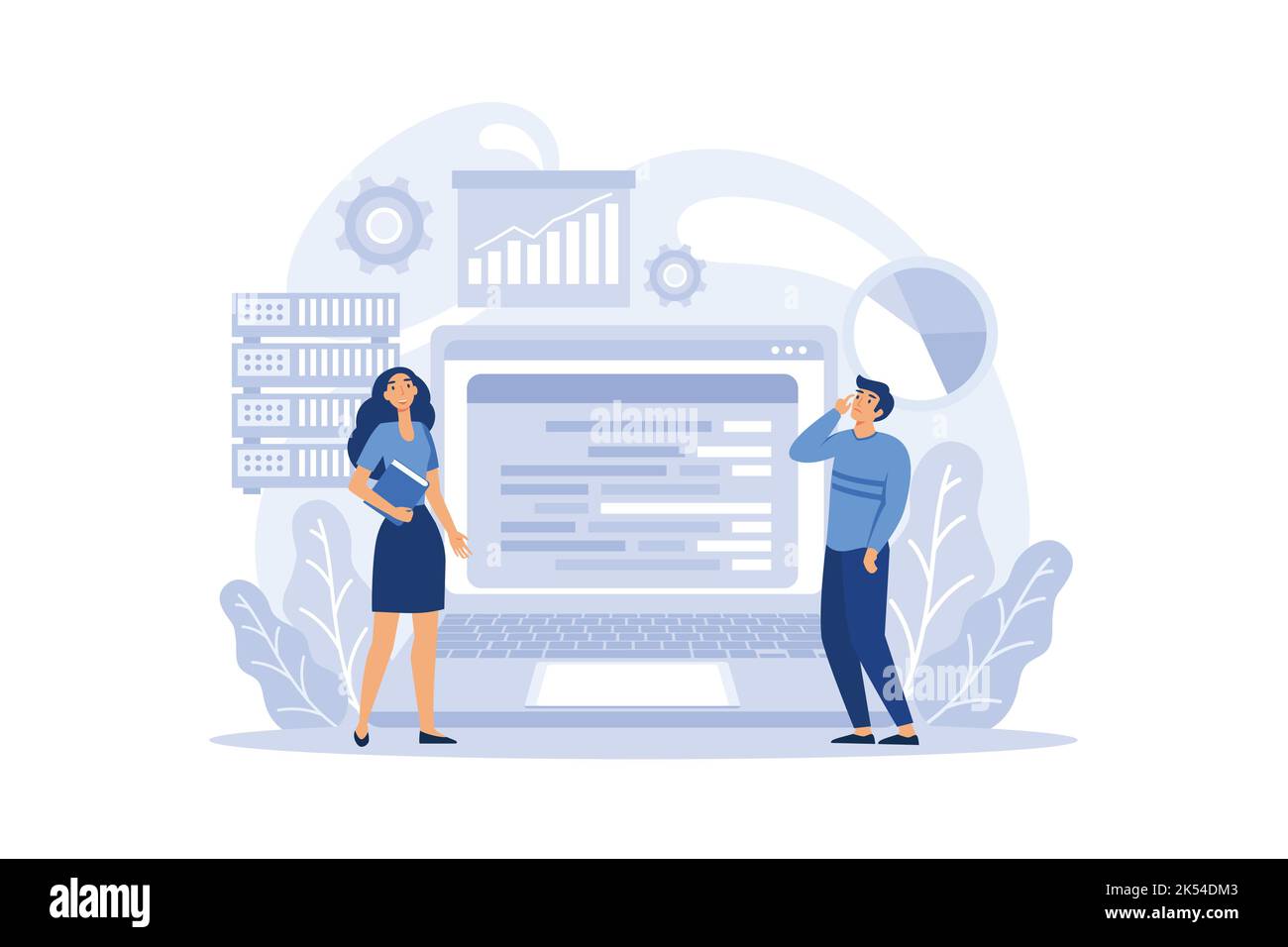 Data base administrator concept. Female and male character working at data center. Modern ...