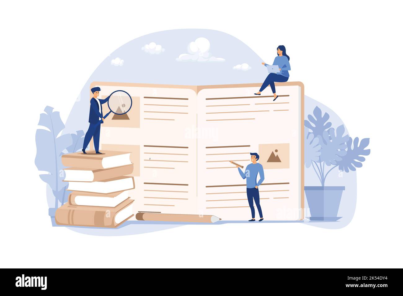 Students learning foreign language with vocabulary. Tiny people reading ...