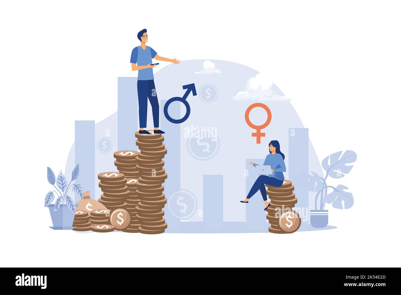 Earnings gender discrimination. Man and woman getting different salary. Flat vector illustration ...