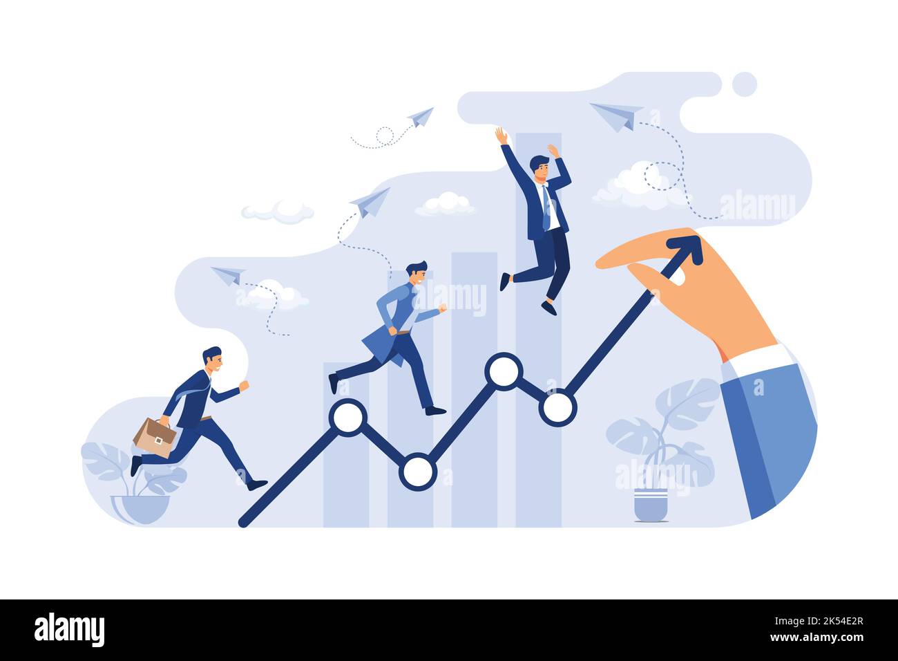 Business people walking up on increase chart line. Huge hand drawing ...