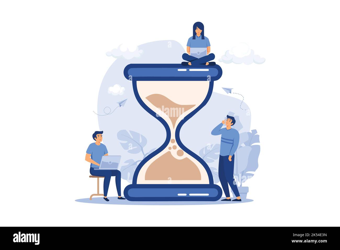 Tiny people and huge sand glass flat vector illustration. Cartoon team ...