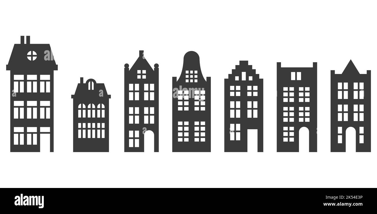 Dutch houses silhouettes set. Vintage laser cut facades of european ...