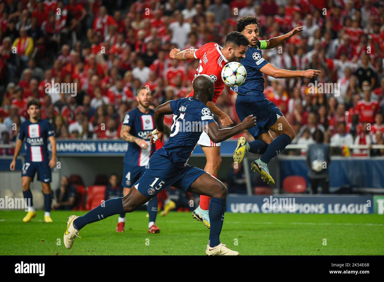 Danilo Pereira (L), Marquinhos (R) of Paris Saint-Germain and Goncalo Ramos (C) of Benfica in ...