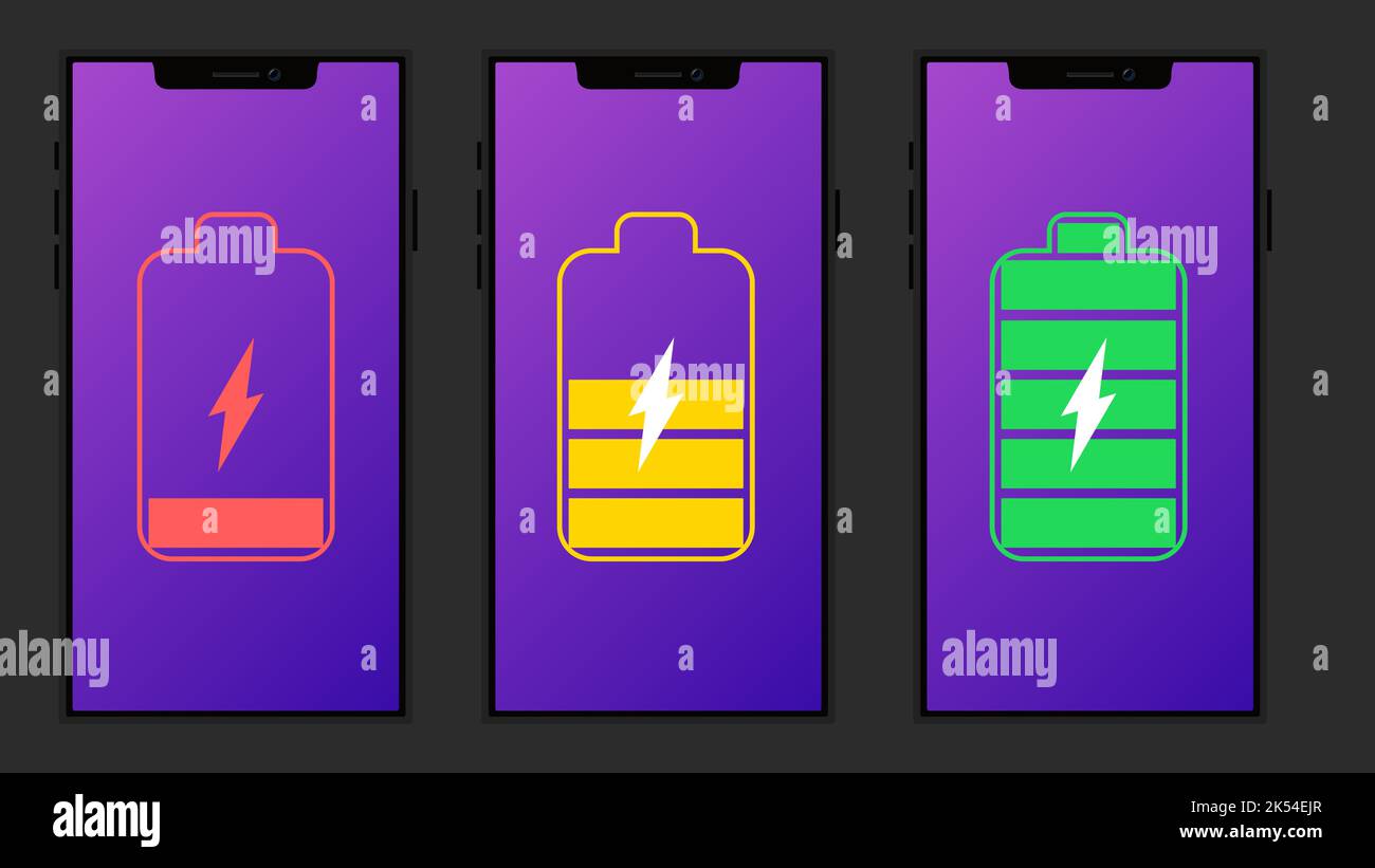 Battery charging process. Different Battery charge level. Discharged ...