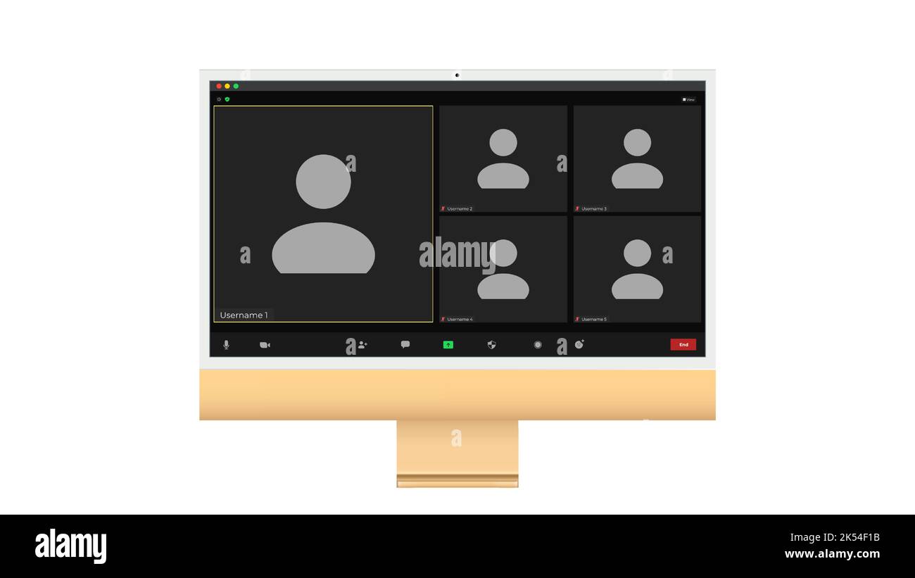 Video conference user interface, Five users. Video conference calls window overlay on desktop ...