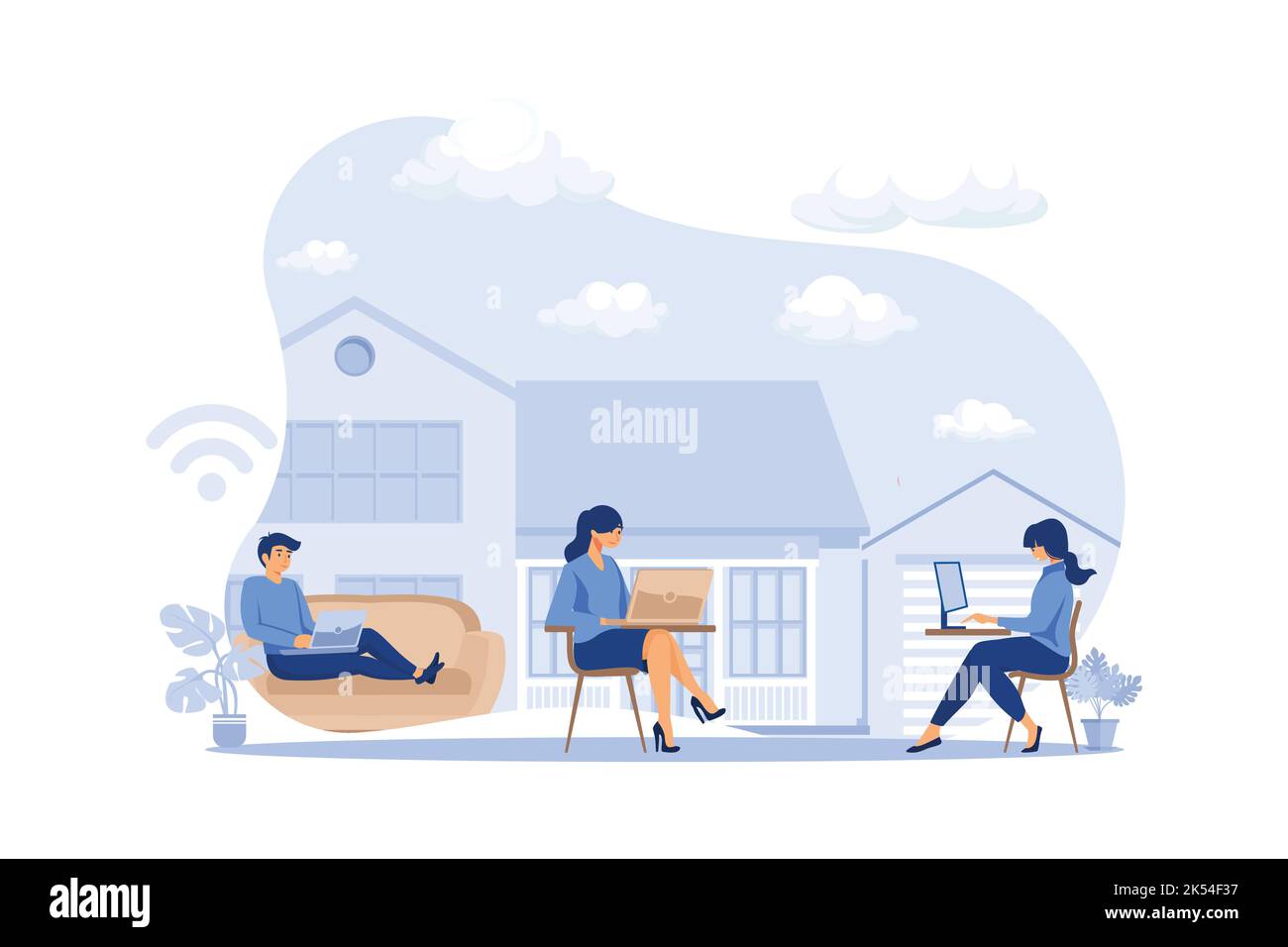 group of people working from home on the internet online, creative ...