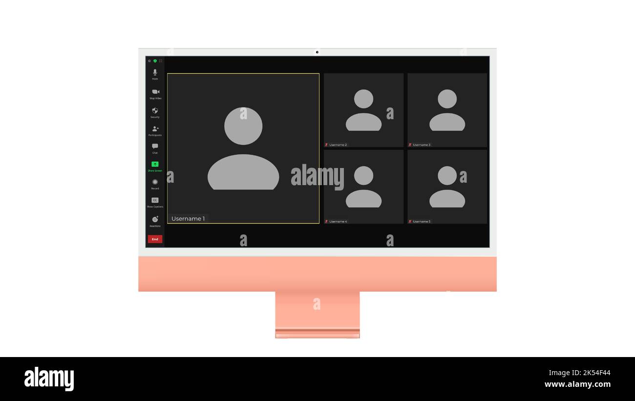 Video conference user interface, Five users. Video conference calls window overlay on desktop ...