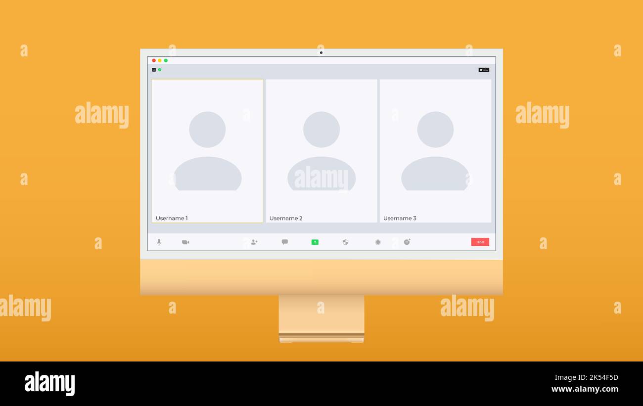 Video conference user interface, three users. Video conference calls window overlay on desktop ...