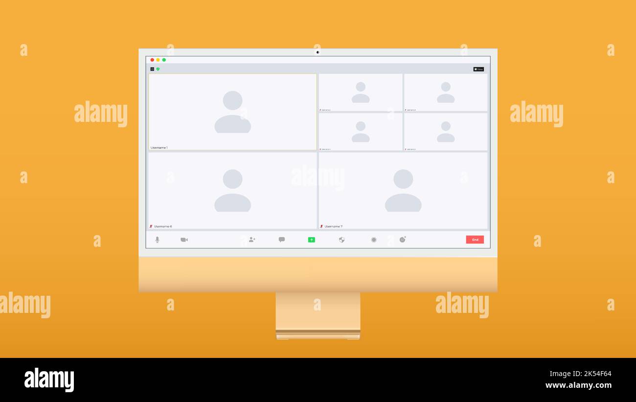 Video call screen, web user interface of conference chat application with mic and video icon and ...