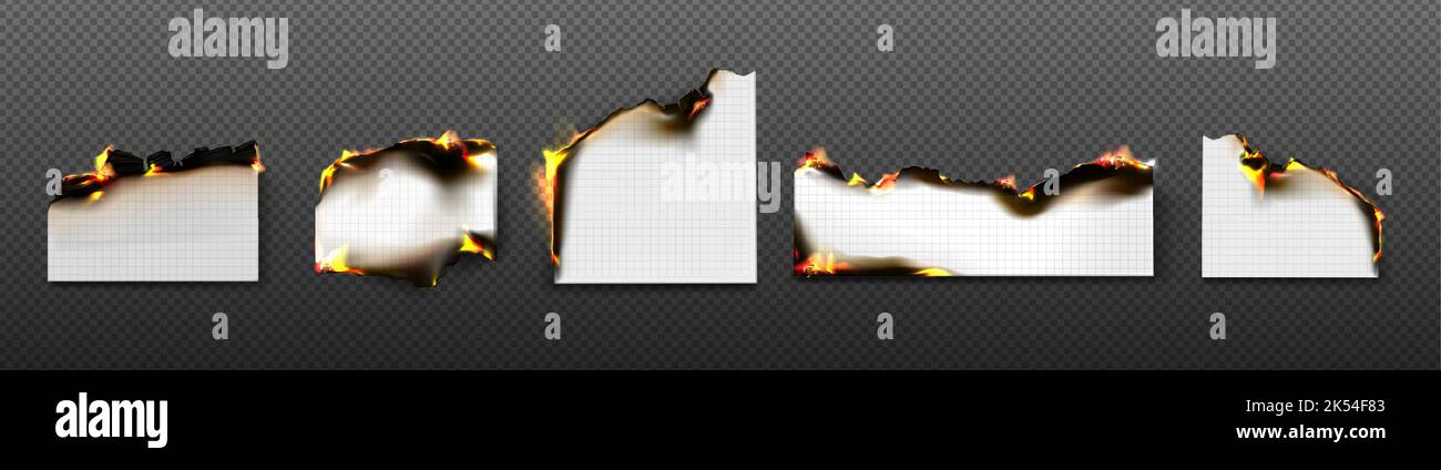 Burning grid paper sheets with fire and black ash. Smoldering notebook ...