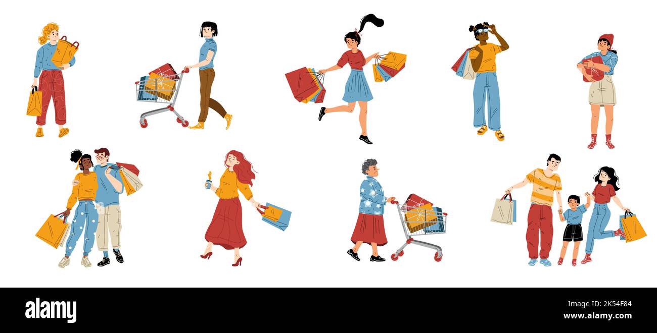 People shopping flat set isolated on white background. Vector ...