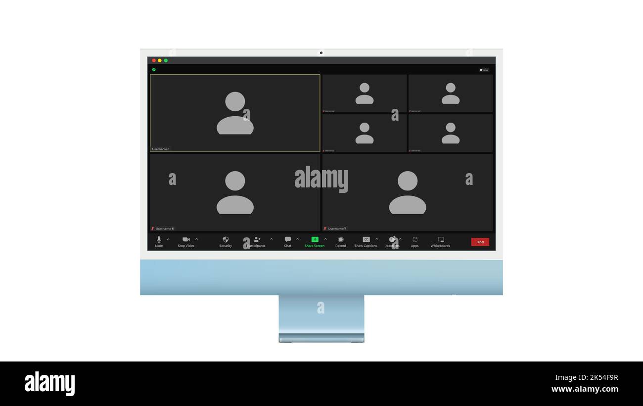 Video conference user interface, Seven users. Video conference calls window overlay on desktop ...