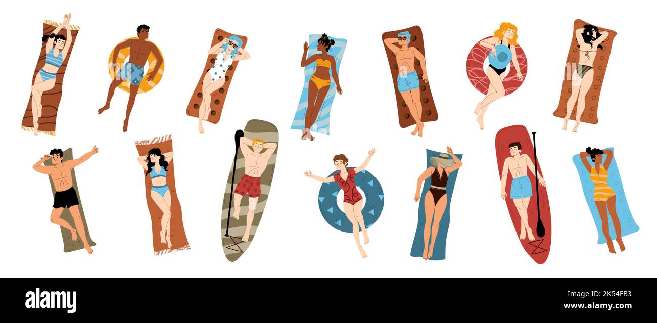 People Sunbathing On Summer Beach Diverse Happy Men And Women In