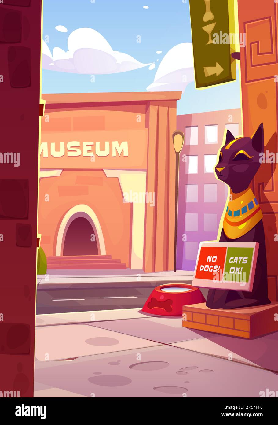 Ancient Egyptian city street with museum and cat statue. Cartoon vector ...