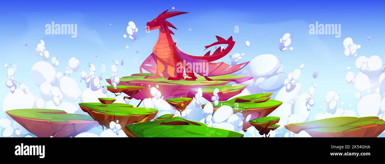 Fantasy red dragon on floating islands. Fairy tale magic monster, medieval mythology beast with ...