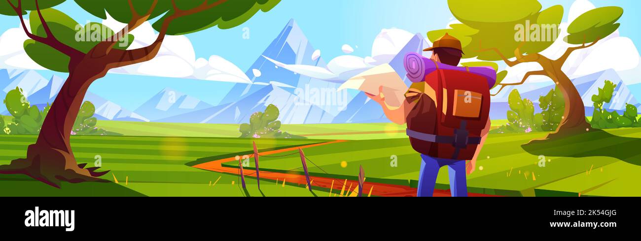 Male traveler with map and backpack looking at beautiful mountain ...