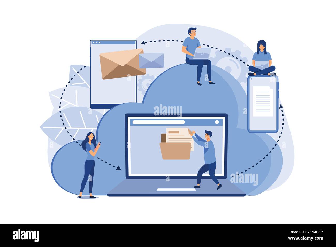 cartoon style, cloud storage, data processing, message sending ...