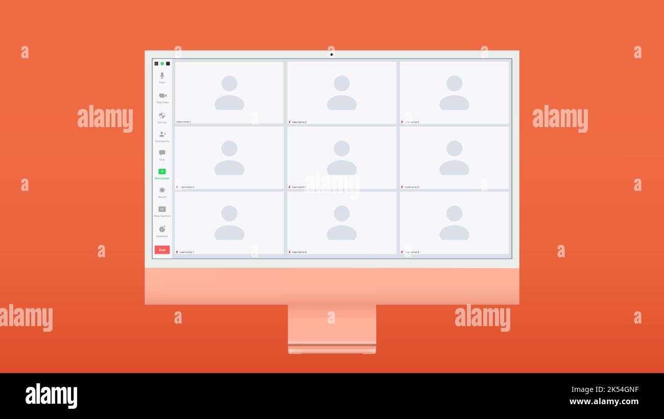 Flat vector illustration of video conference app layout. Call screen ...