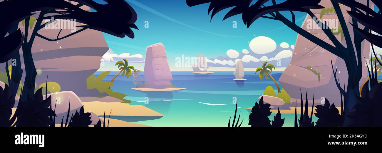 Sea lagoon landscape with palm trees on sand beach, mountains in water ...