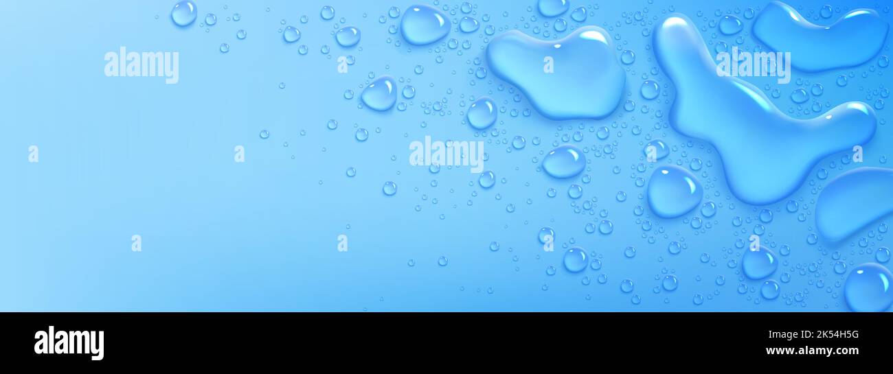 Water drops, spill puddles top view on blue background. Scatter aqua ...