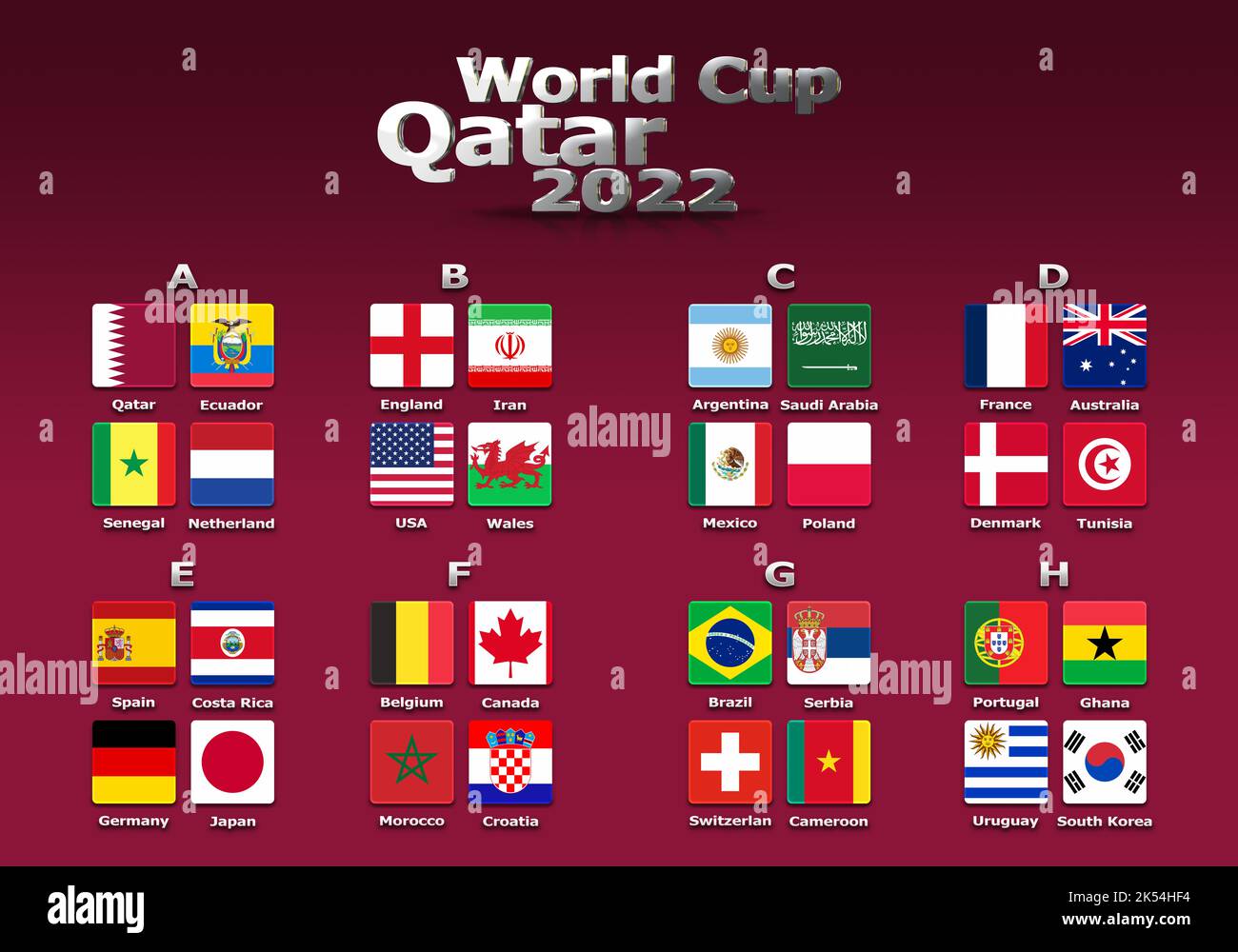 3d illustration groups of World Cup Qatar 2022 championship. All 32 ...