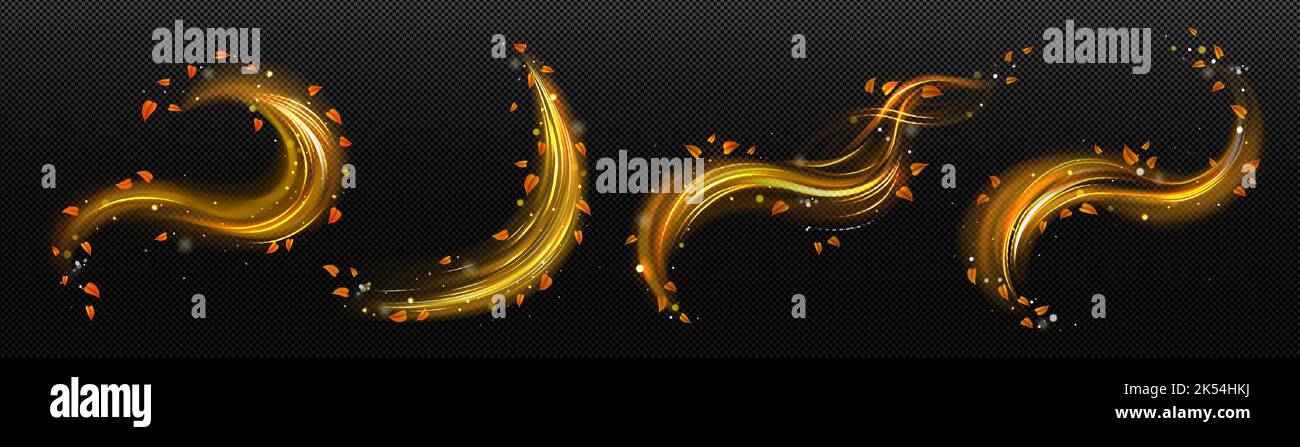 Gold light trails with flying orange leaves. Autumn wind swirls, magic ...