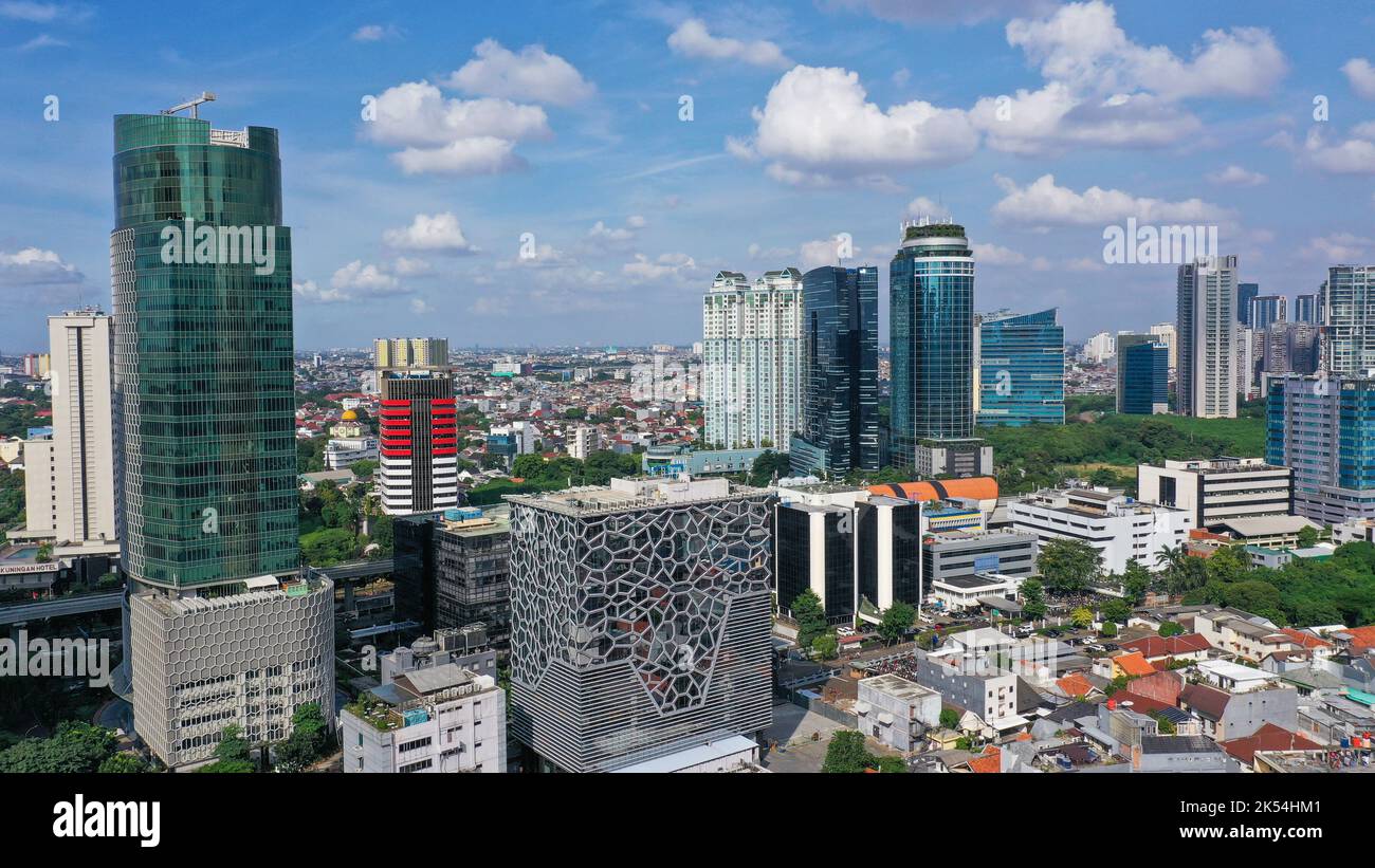 Aerial Jakarta view from above Sudirman street in the morning with ...