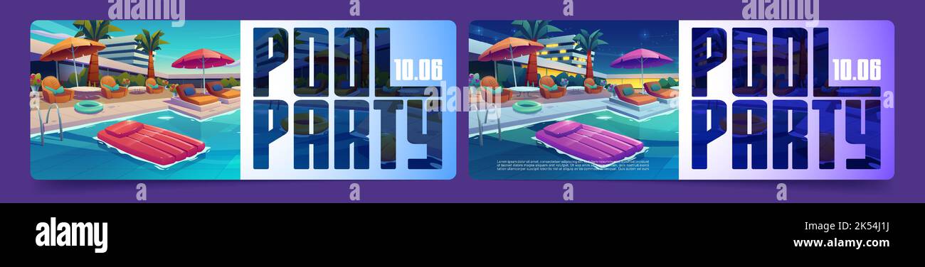 Pool party banners, invitation for resort event, cartoon flyer ...