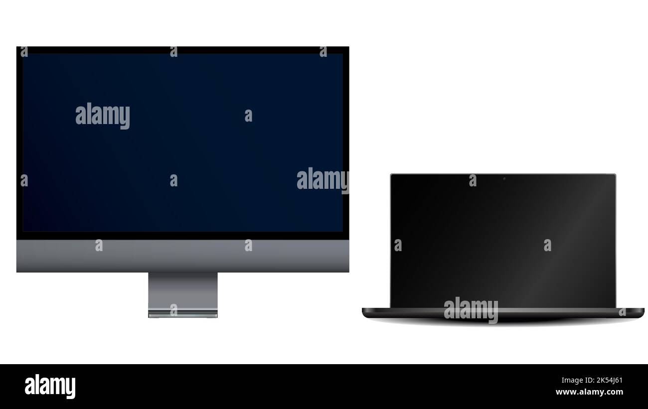 Realistic black modern thin frame display. Computer monitor mockup banner. Computer realistic ...
