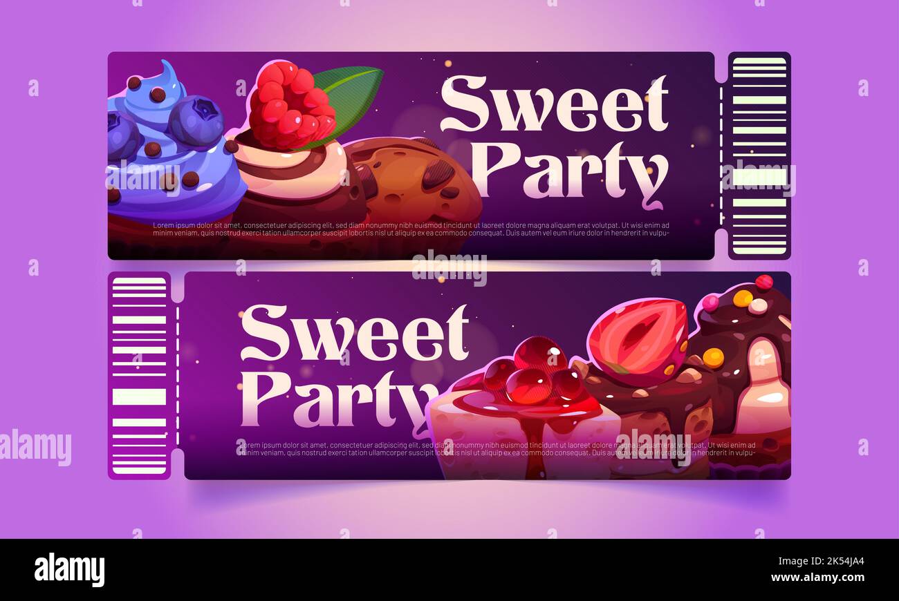Sweet party coupons, tickets to birthday or holiday party with cakes ...