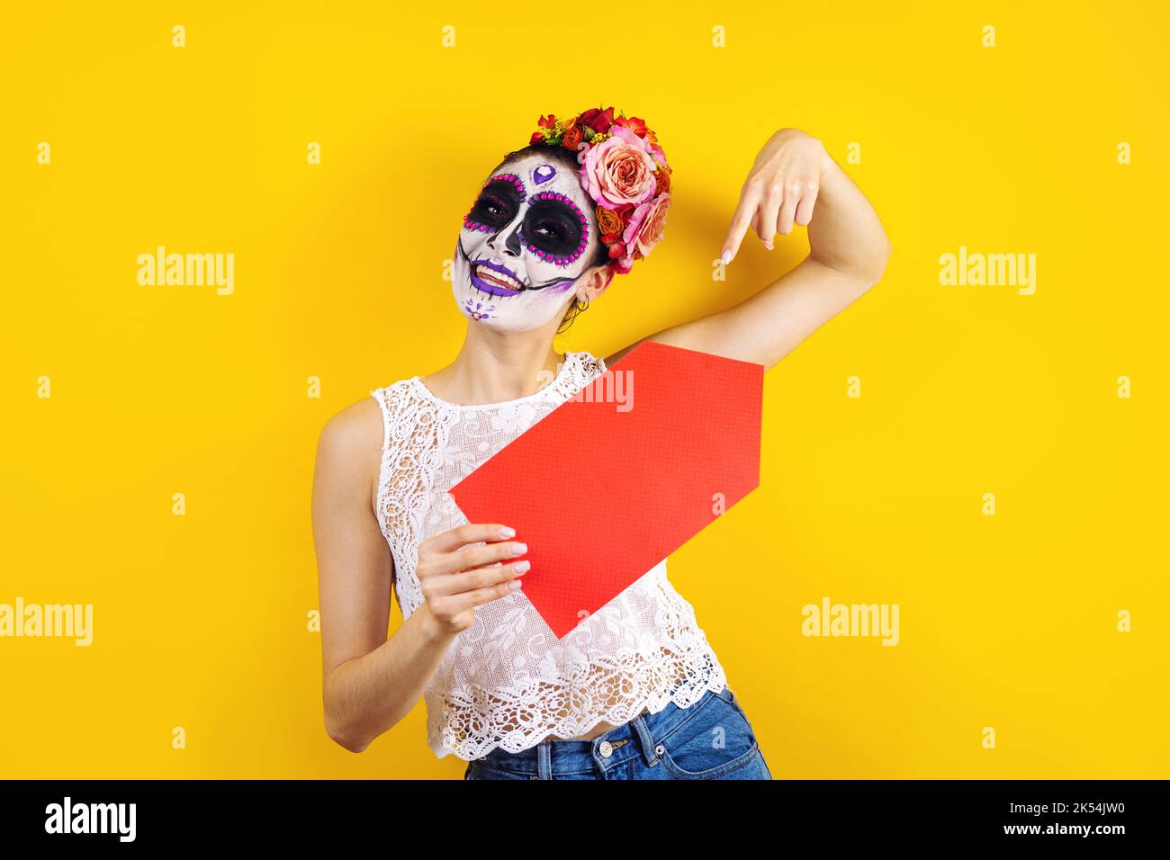 Mexican Catrina hispanic woman holding a red sale sign on yellow ...