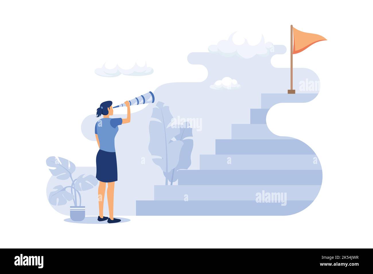 Growth step to success, smart businesswoman looking through telescope ...