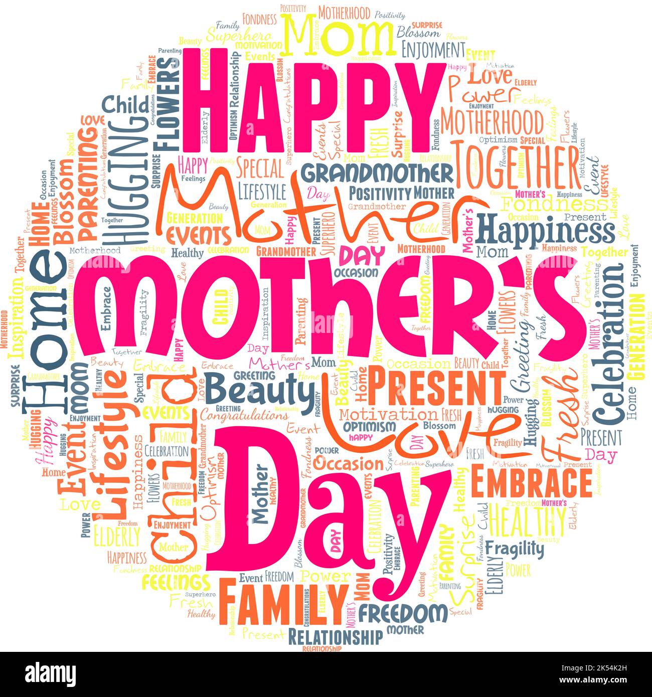 Big word cloud in the shape of a circle with happy mother's day. Day of ...