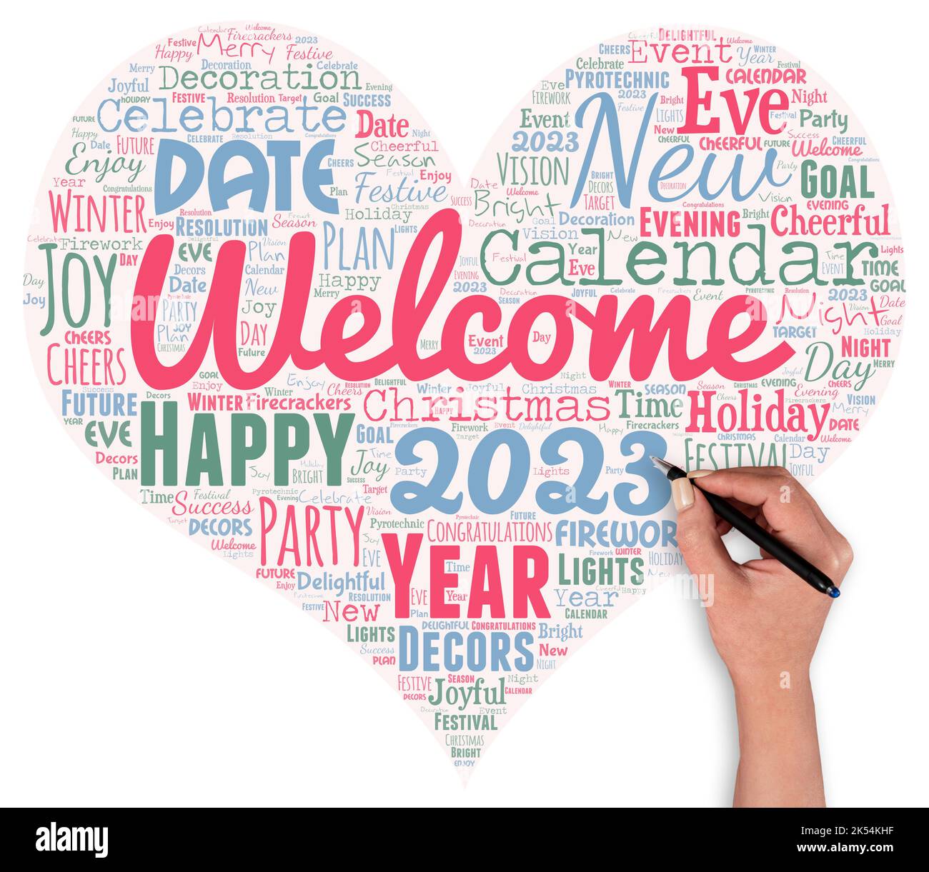 Word cloud in the shape of a heart with new year 2023 words with hand ...