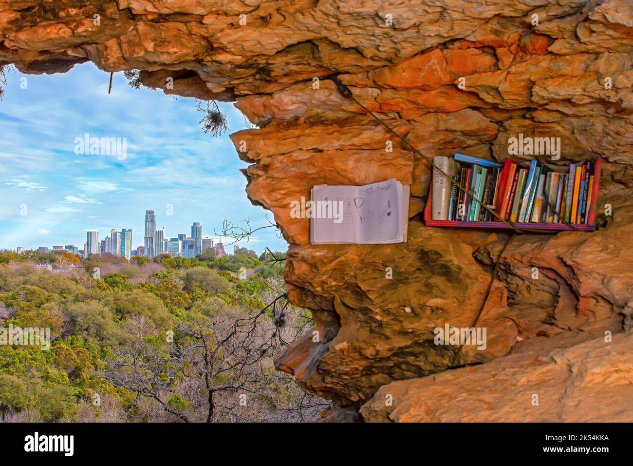 A scenic view of cave library on the background of Austin, Texas Stock ...