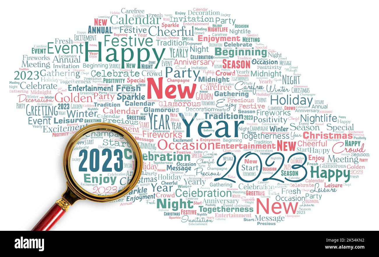 Big word cloud with new year 2023 words with magnifying glass. New Year ...