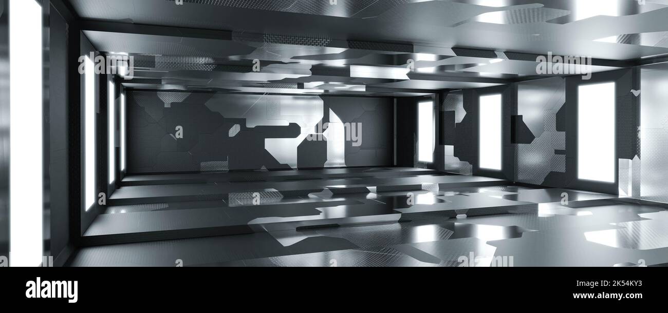 dark black empty room studio with metal elements and light panels 3d ...