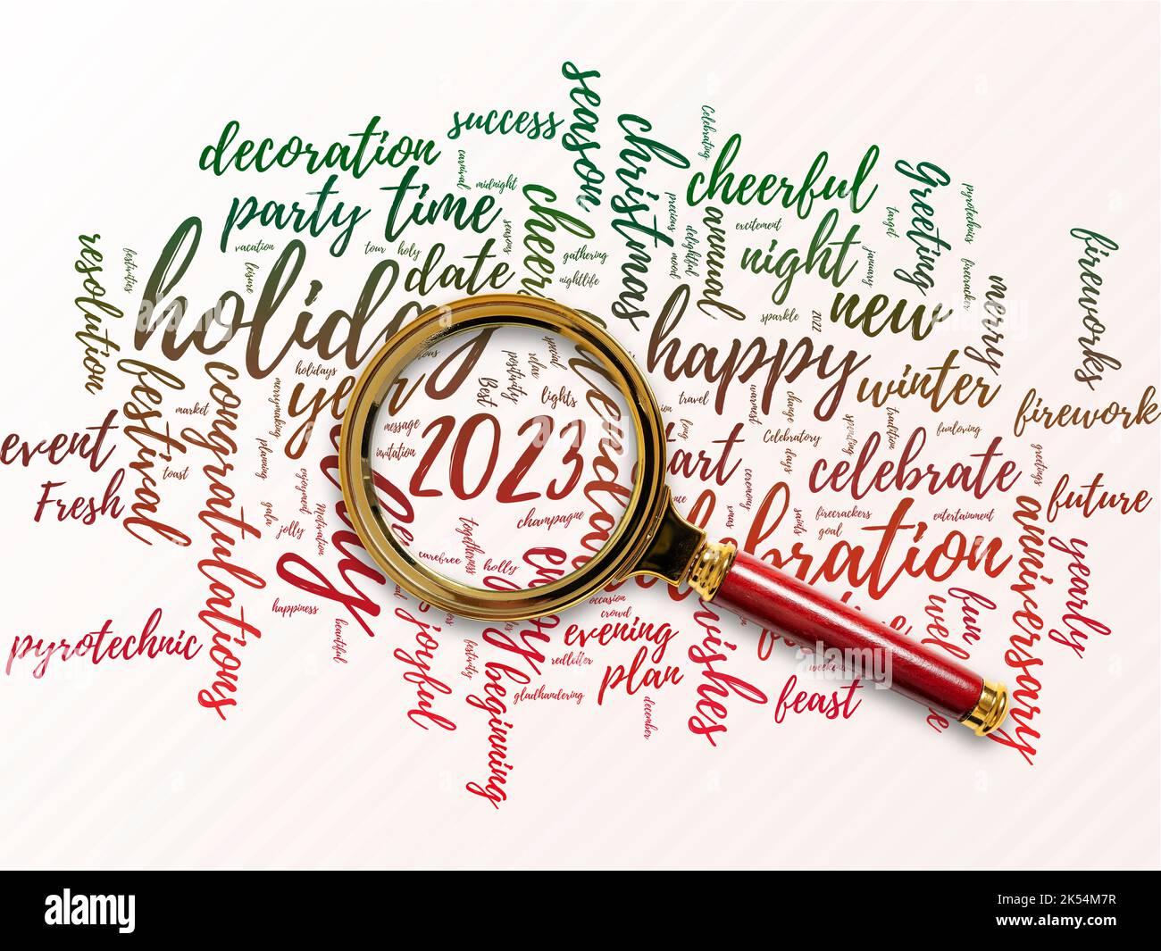 Big word cloud with new year 2023 words with magnifying glass. New Year ...