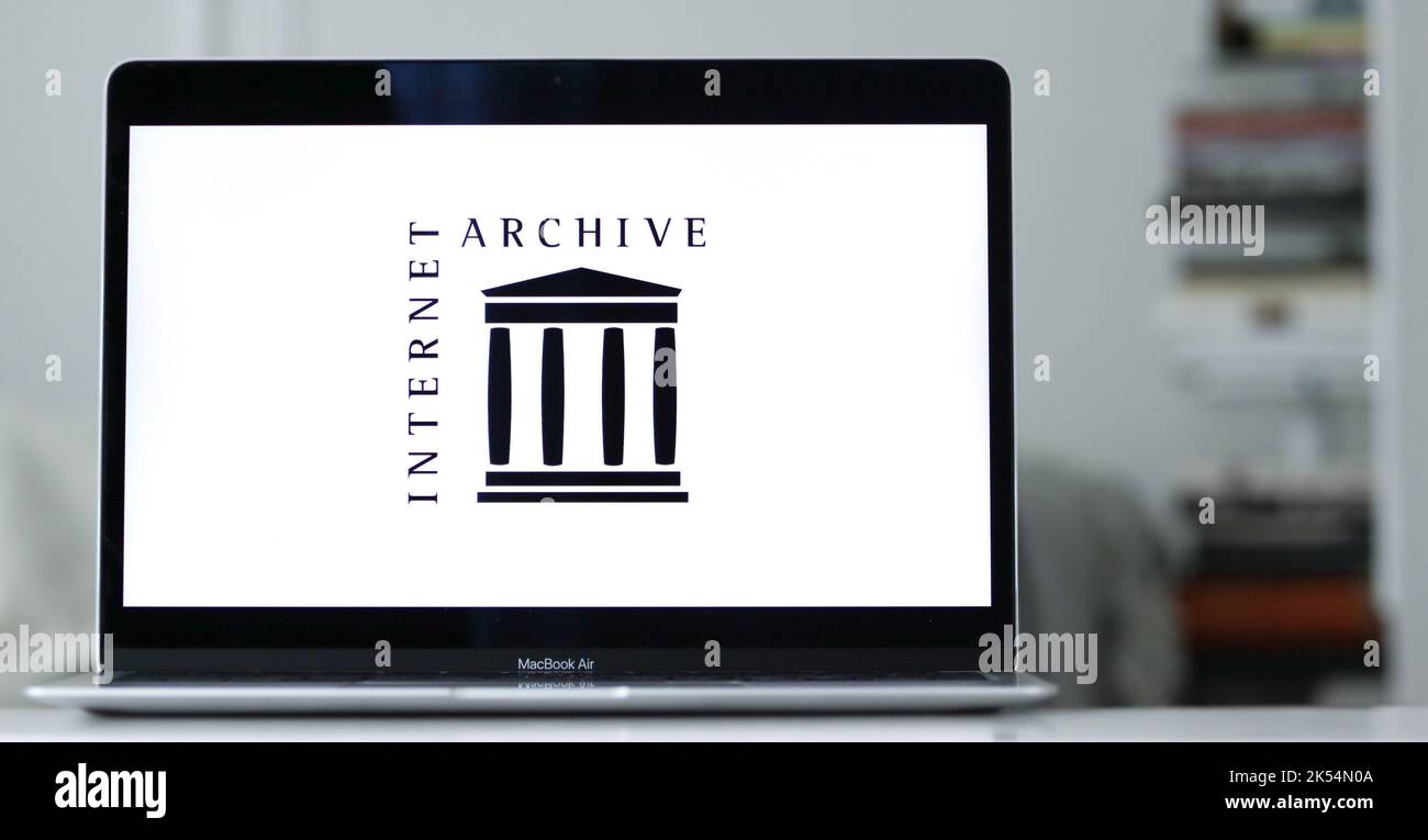 A logo design of Internet Archive on a laptop screen in blurred ...