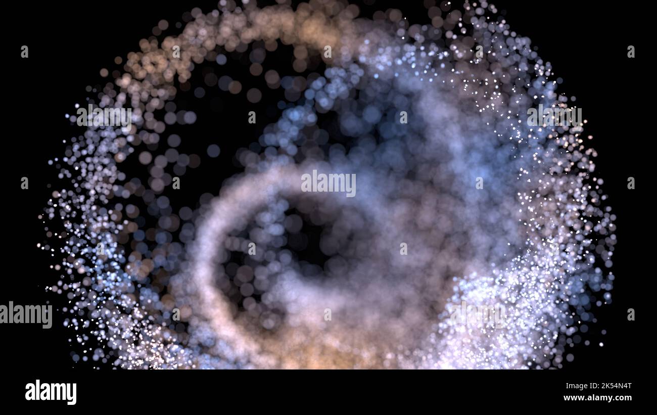 3D illustration of stream of bright particles with spherical pattern on ...