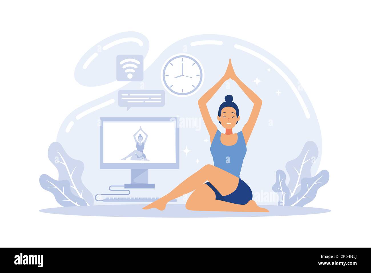 Yoga studios streaming online classes. Girl watching online sport ... Yoga studios streaming online classes. Girl watching online sport ...