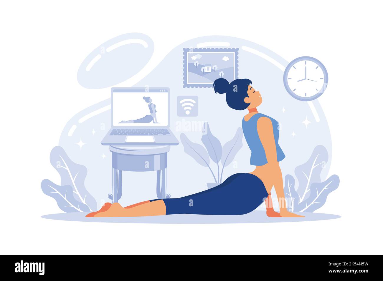 Yoga studios streaming online classes. Girl watching online sport ... Yoga studios streaming online classes. Girl watching online sport ...