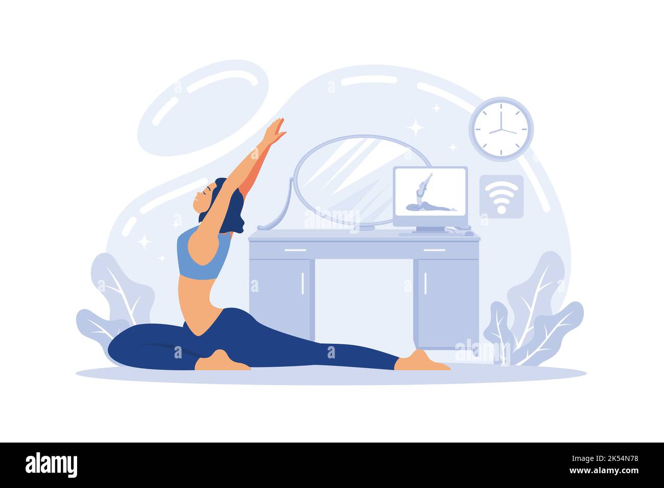 Yoga studios streaming online classes. Girl watching online sport ... Yoga studios streaming online classes. Girl watching online sport ...