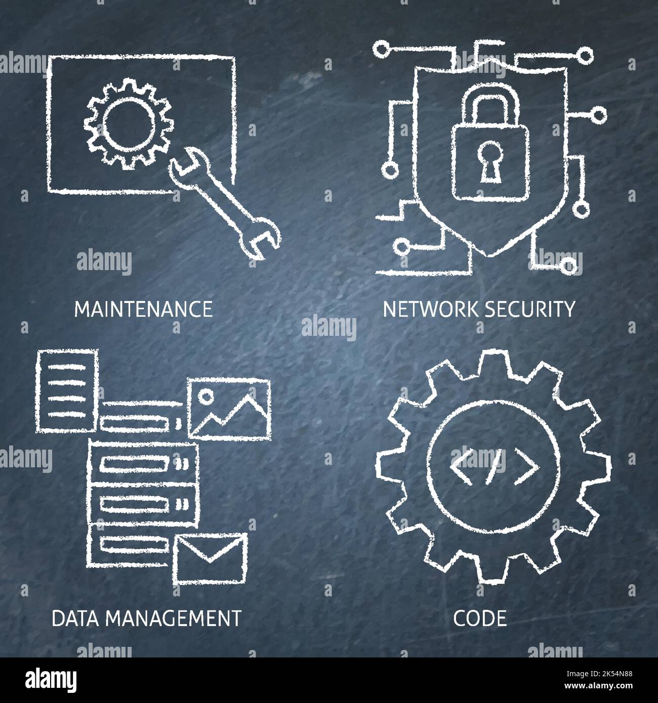 Software data processing, update and protection chalkboard icon set ...
