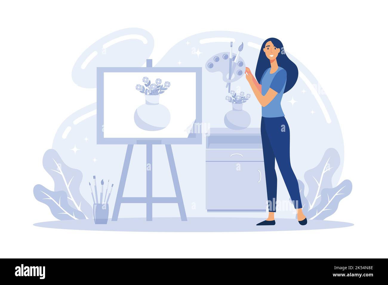 Woman artist painting flower on canva. Girl holding palette and brush ...