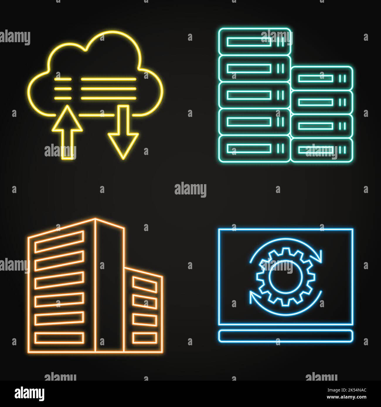 Data Storage And Update Neon Icon Set Datacenter Cloud Synchronization Symbols Vector