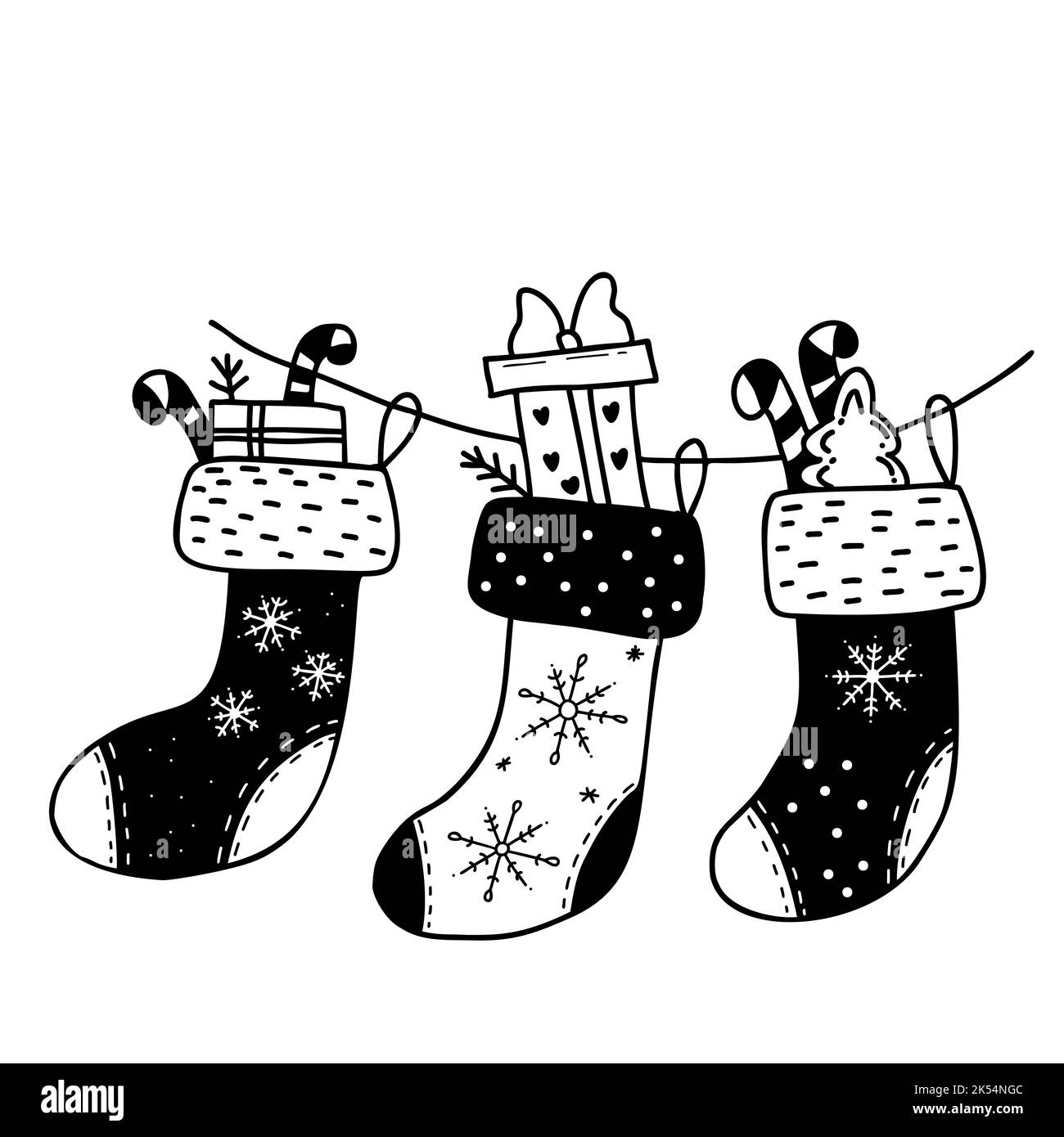 Christmas stockings with gifts. Vector hand drawing in doodle style ...