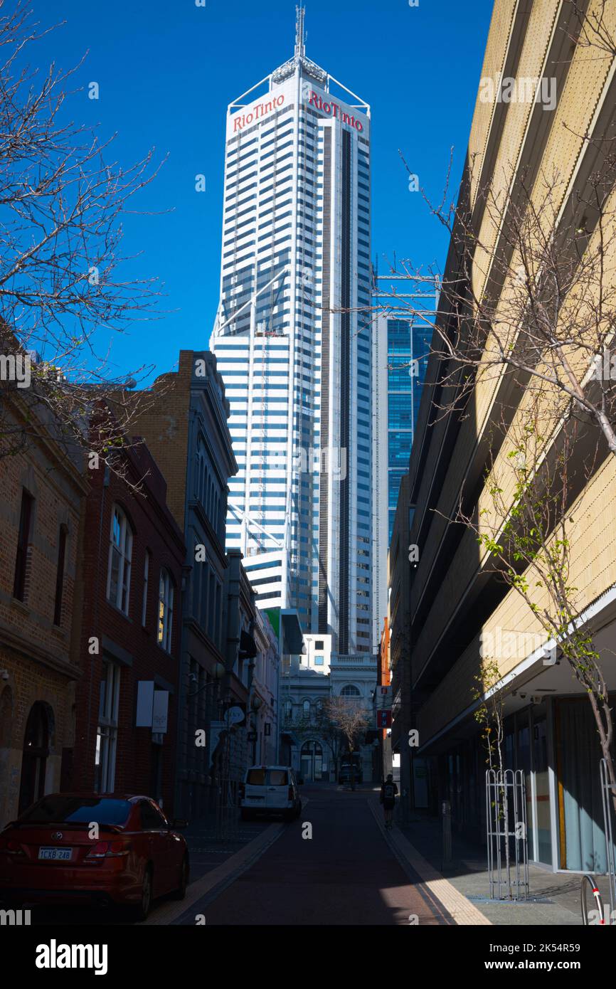 A vertical shot of the Rio Tinto Building from an alleyway in Perth ...
