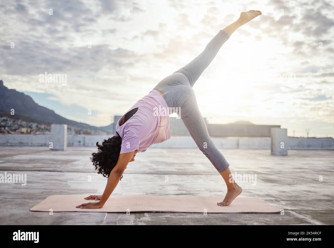Stretching, balance and woman yoga in the city and exercise for ...